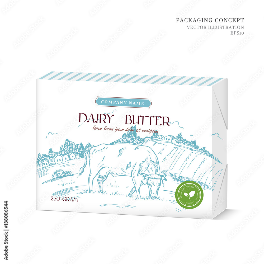 Vector concept for packaging design for dairy butter. Soft paper box ...