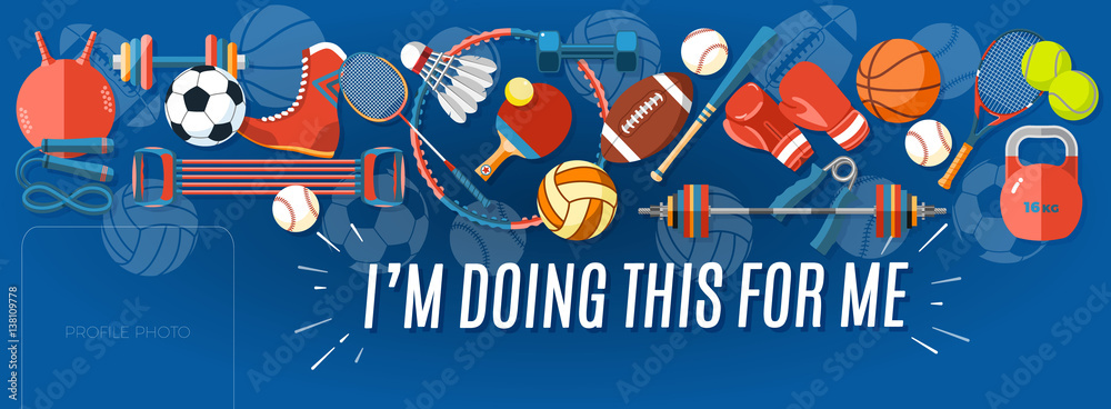 Sport banner Facebook Cover. Set of sport balls and gaming items at a ...