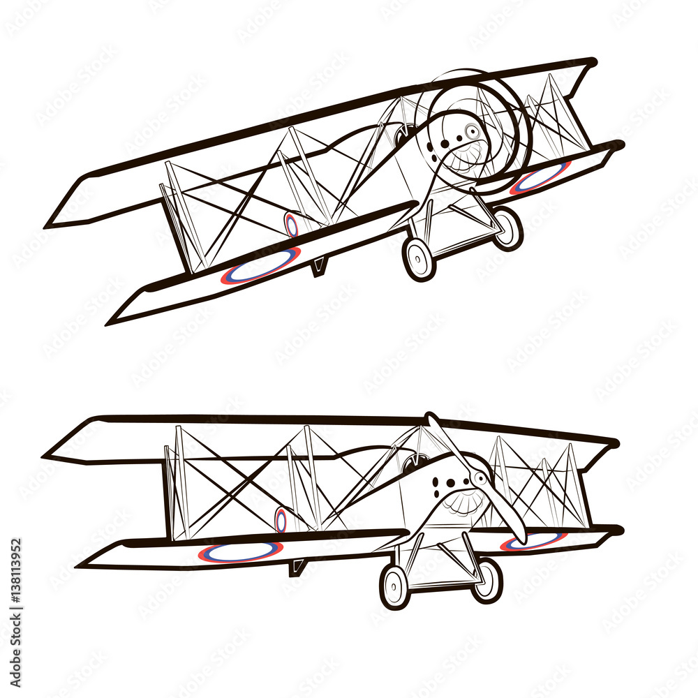 Vector illustration of a classic screw aircraft in static and in flight ...