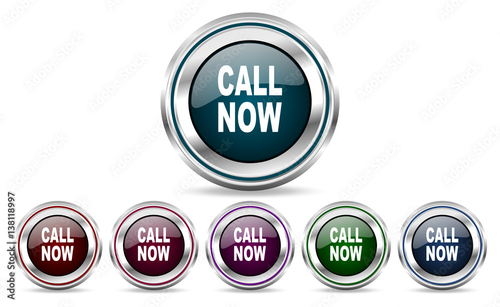 Call now silver metallic web set of vector icons isolated on white ...