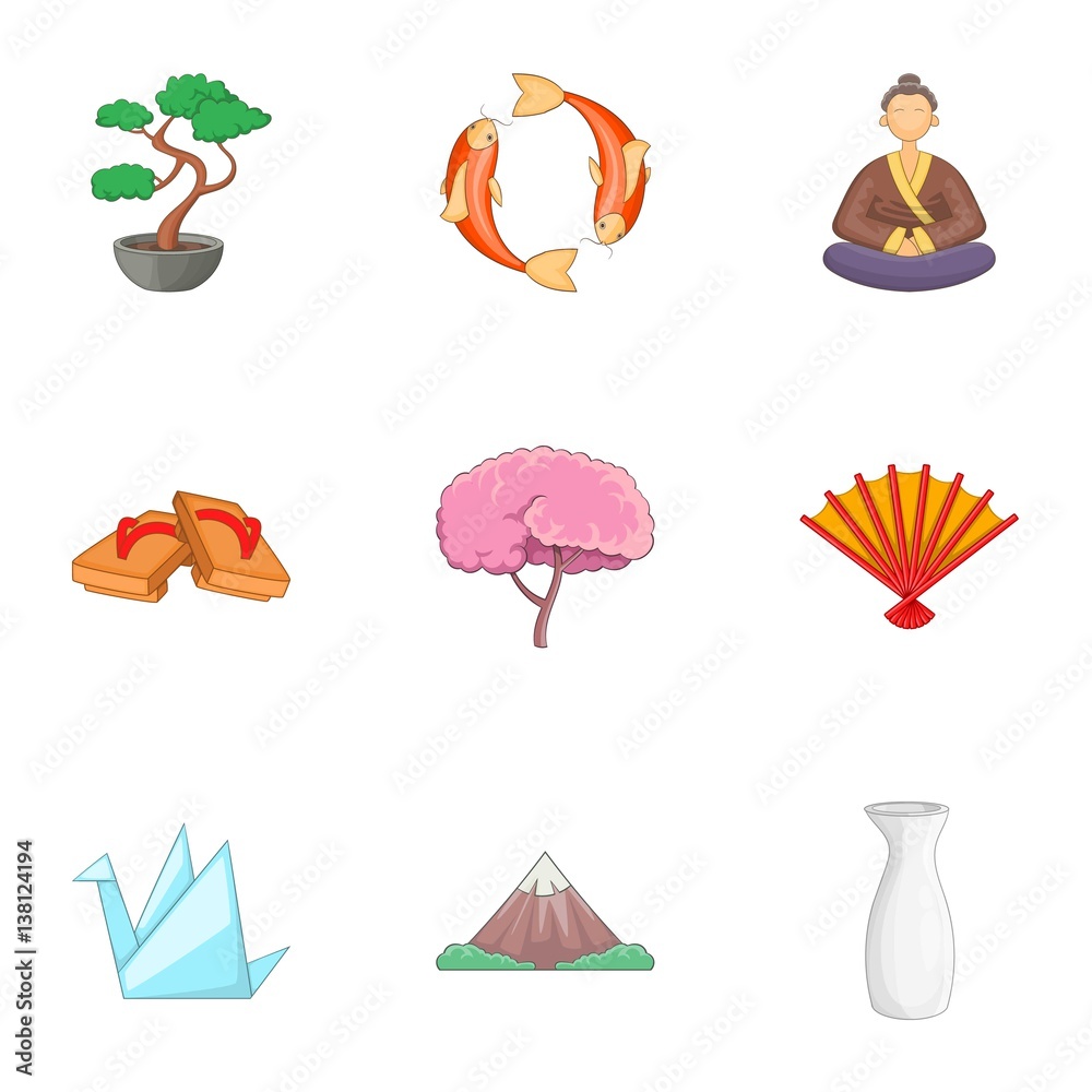 Symbols of Japan icons set, cartoon style Stock Vector | Adobe Stock