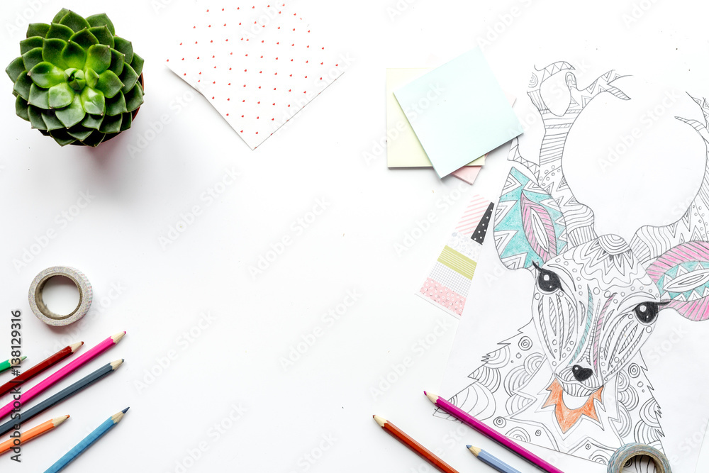 coloring picture for adults on white background top view mockup Stock ...