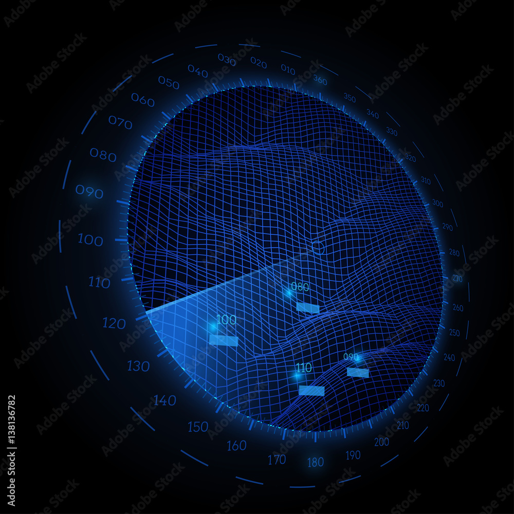 Radar round screen in perspective, on black background. Vector ...