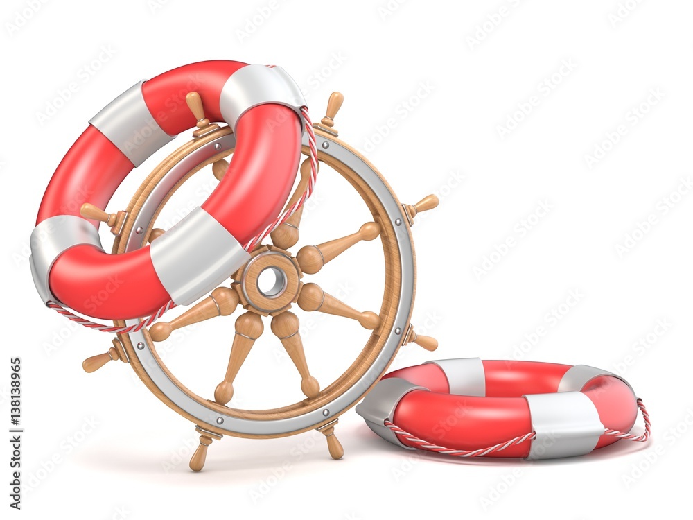 Wooden ship wheel and two life buoys 3D Stock-Illustration | Adobe Stock
