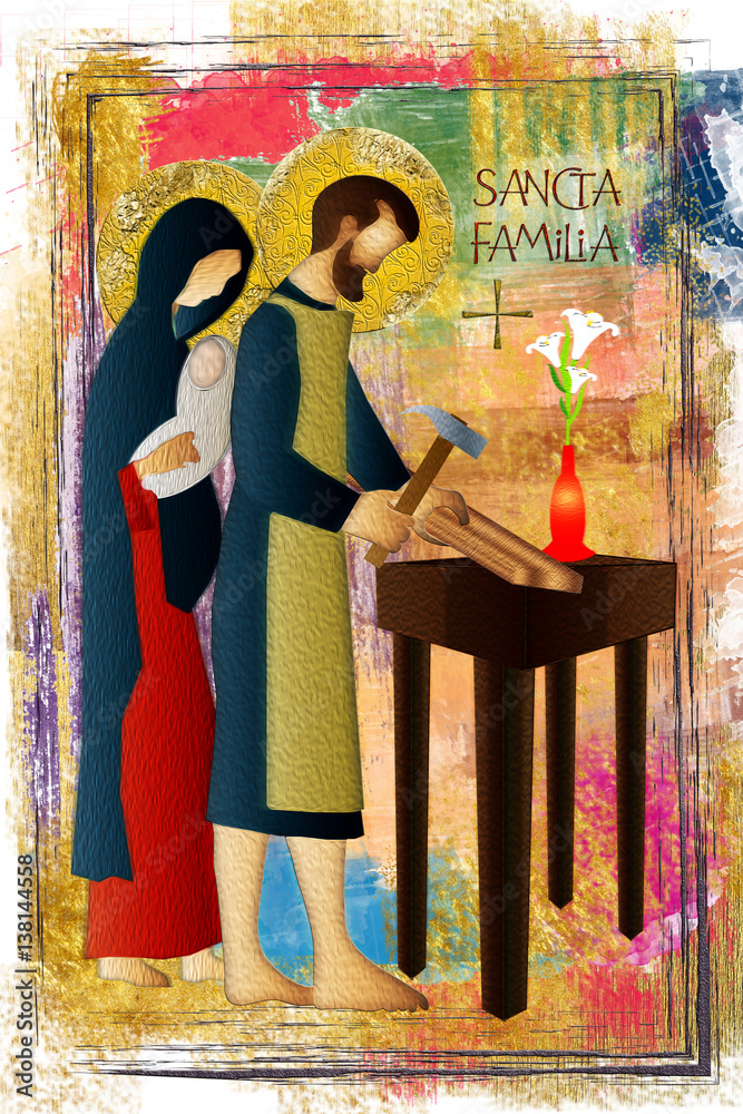 Holy family of Jesus, Mary and St Joseph the worker. Artistic abstract ...
