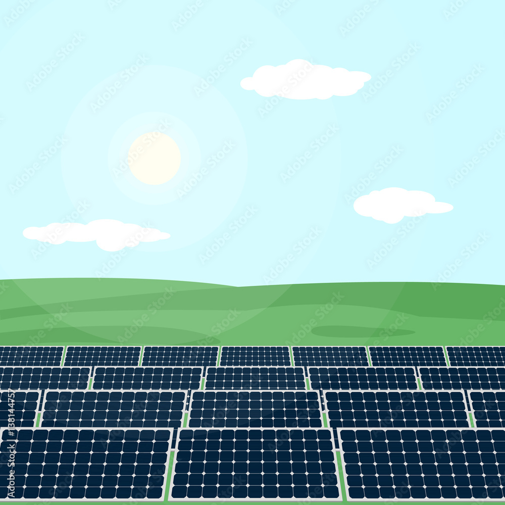 Many solar panels standing in the field produce energy from sun. Vector ...