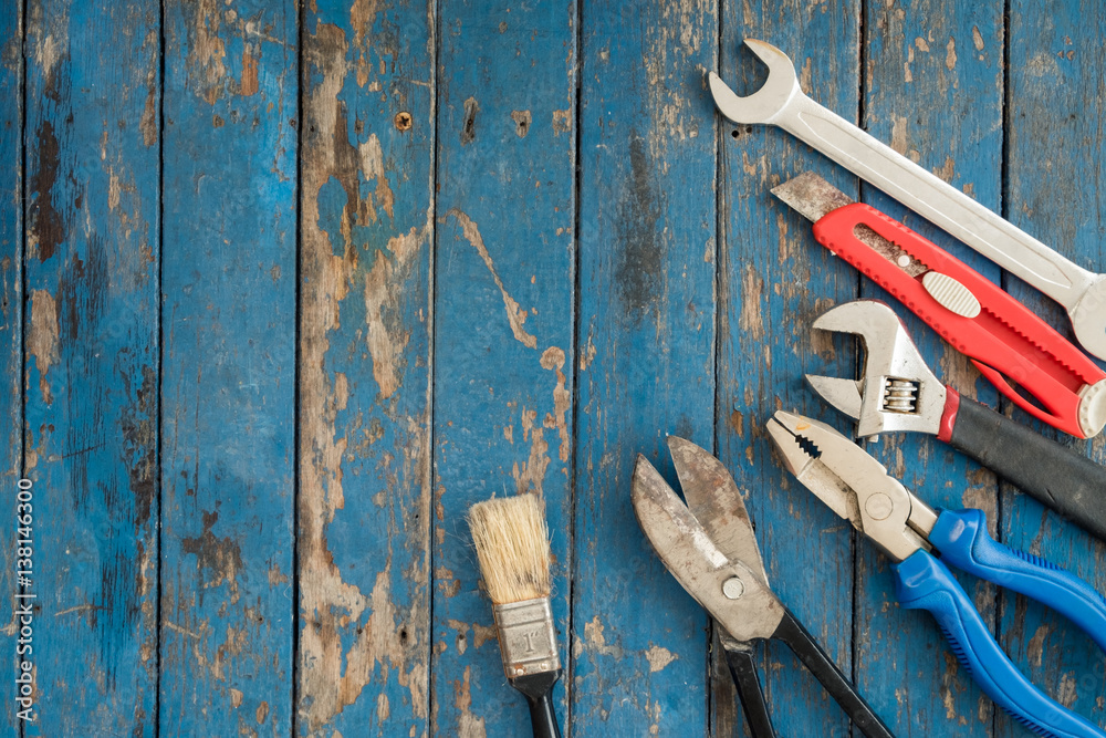 overhead view of a set of old wood working tools, Tools on a wooden ...