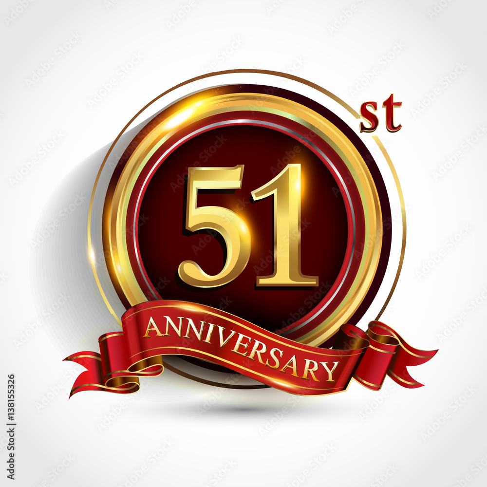 51st anniversary logo with ring and ribbon golden colored isolated on white background, vector ...