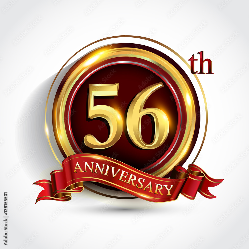 56th anniversary logo with ring and ribbon golden colored isolated on ...