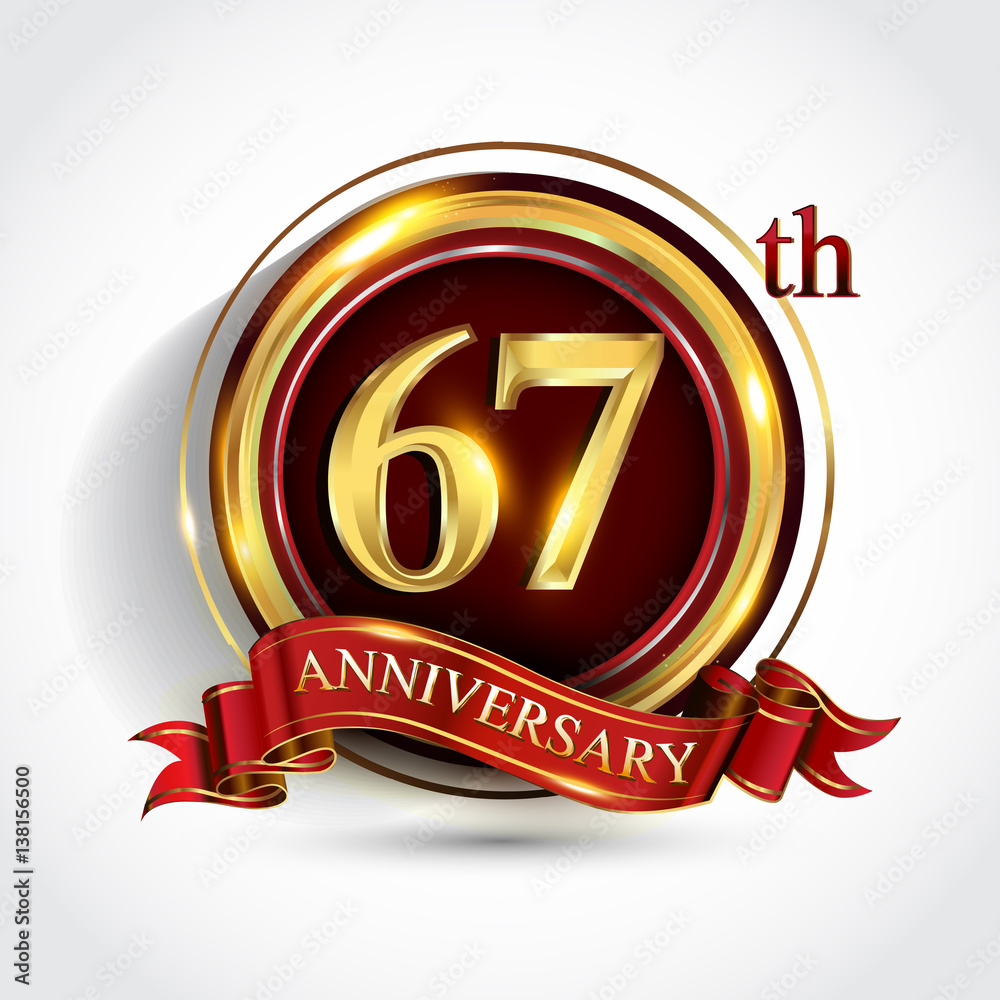 67th anniversary logo with ring and ribbon golden colored isolated on ...