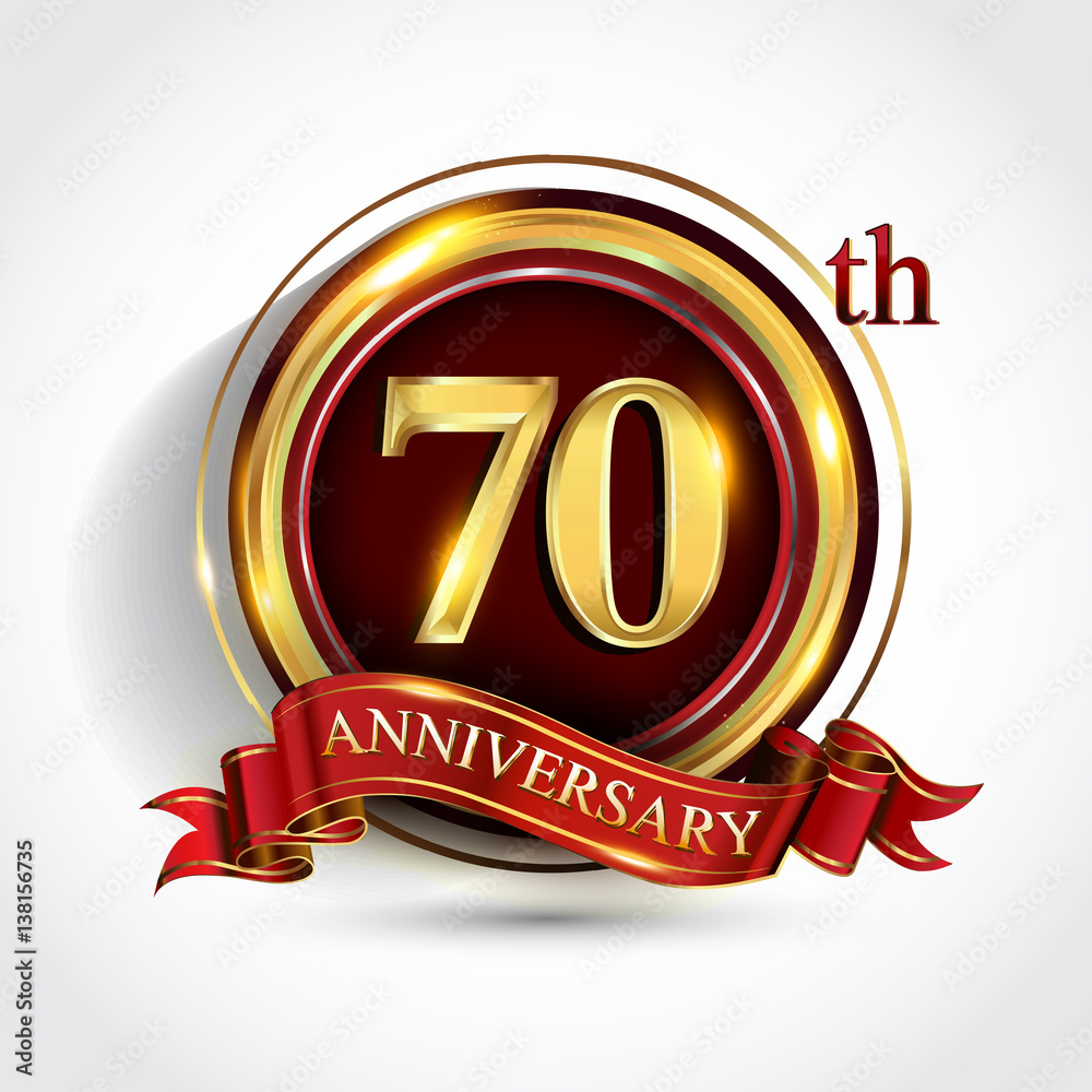 70th Anniversary Logo With Ring And Ribbon Golden Colored Isolated On
