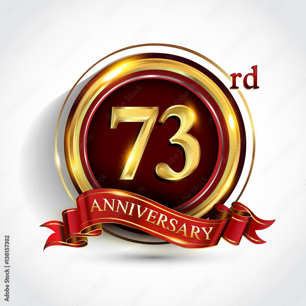 73rd anniversary logo with ring and ribbon golden colored isolated on ...