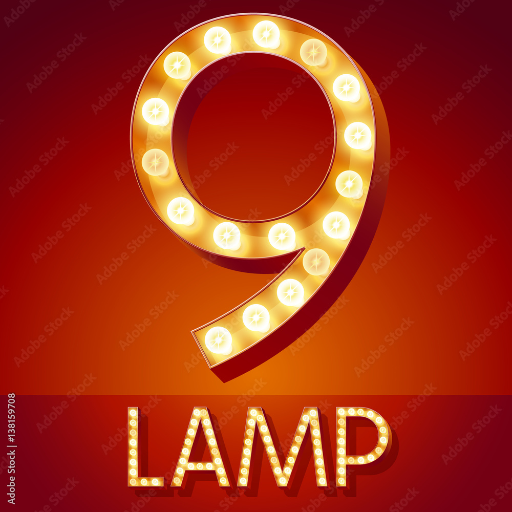 Chic retro vector light up font with glowing lamp. Gold number 9 Stock ...