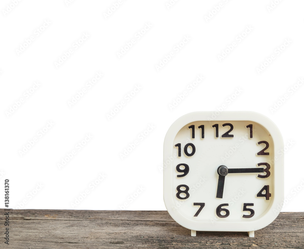 Closeup white clock for decorate show a quarter past six or 6:15 a.m ...
