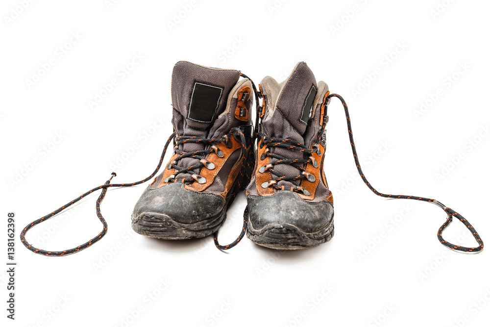 old worn shoes with laces isolated Stock-Foto | Adobe Stock