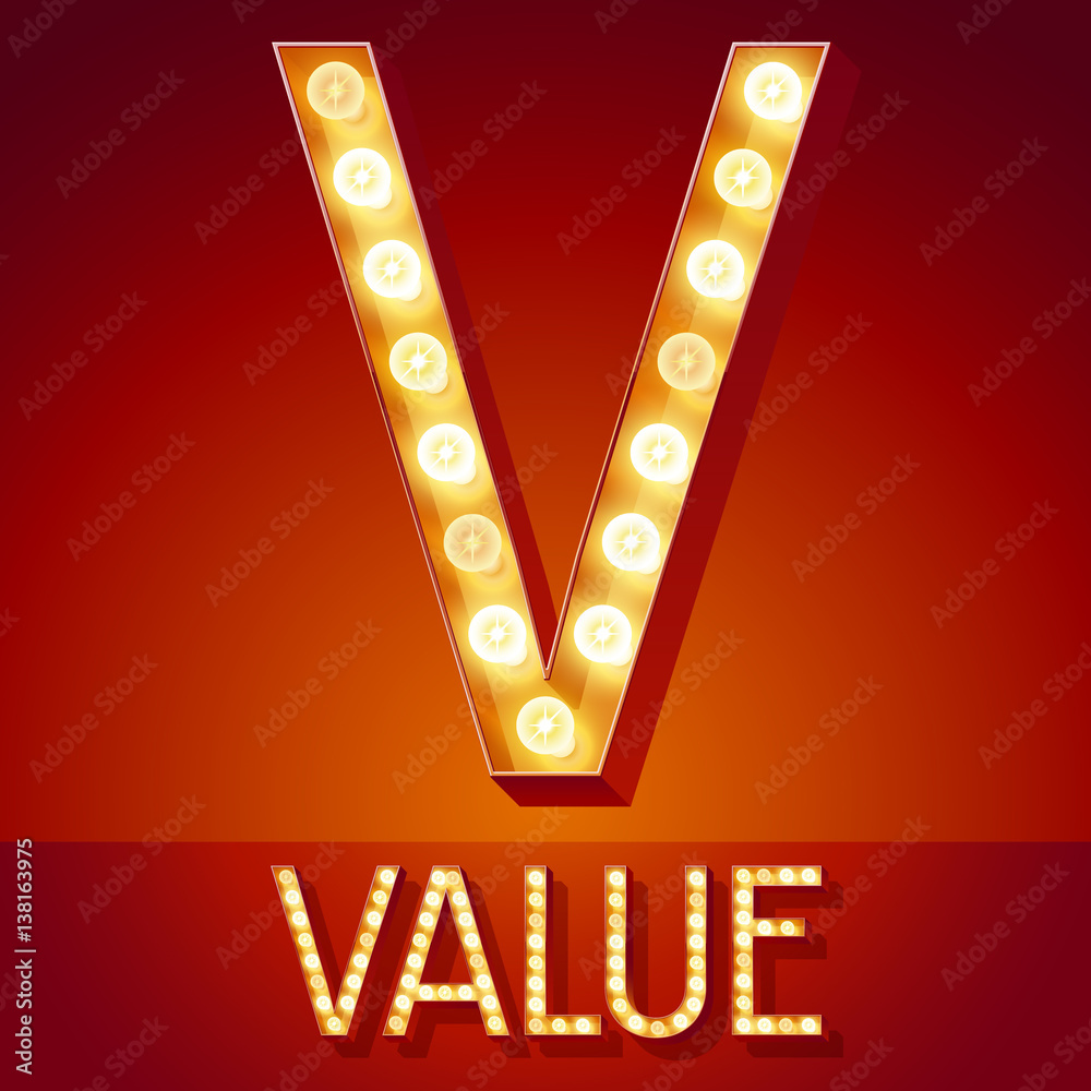 Chic retro vector light up font with glowing lamp. Gold letter V Stock ...
