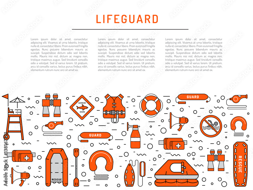 Lifeguard flat outline icons set with with equipment and rescue ...
