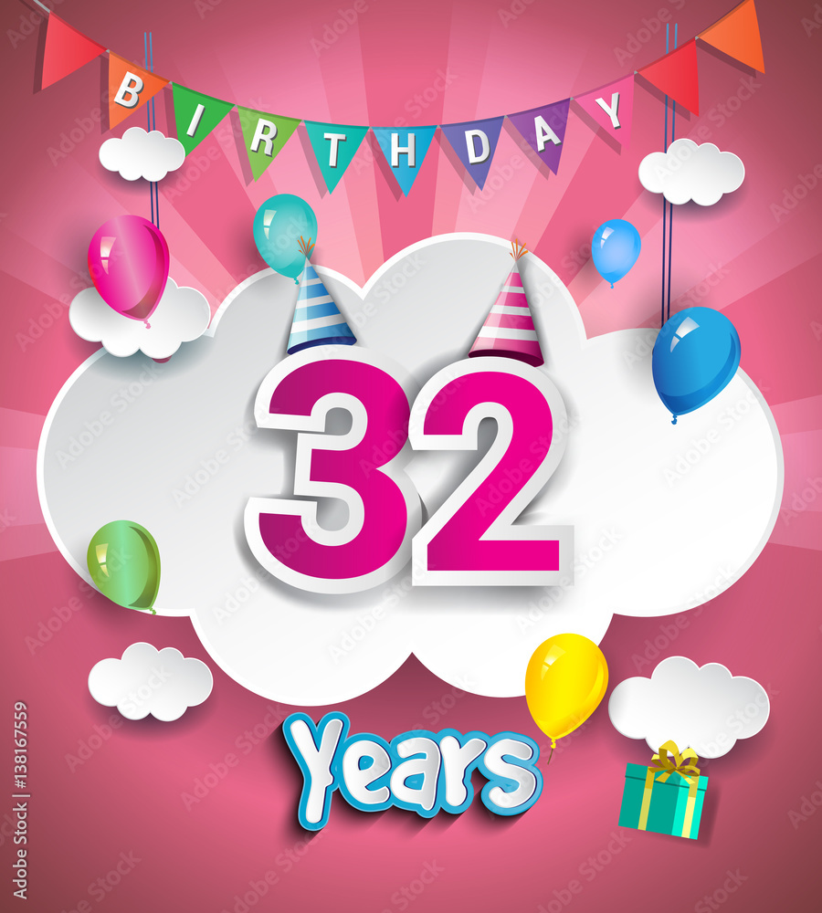 32 years birthday Celebration Design, with clouds and balloons ...