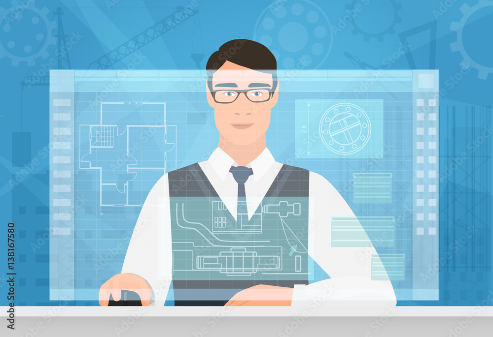 Engineer man working using virtual media interface workspace. Engineer ...