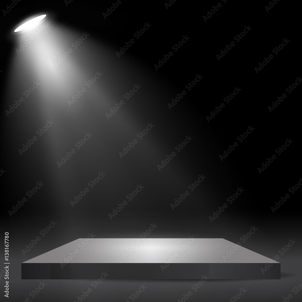 Square podium, pedestal or platform illuminated by spotlights on black ...