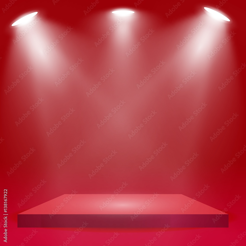 Square podium, pedestal or platform illuminated by spotlights on red ...