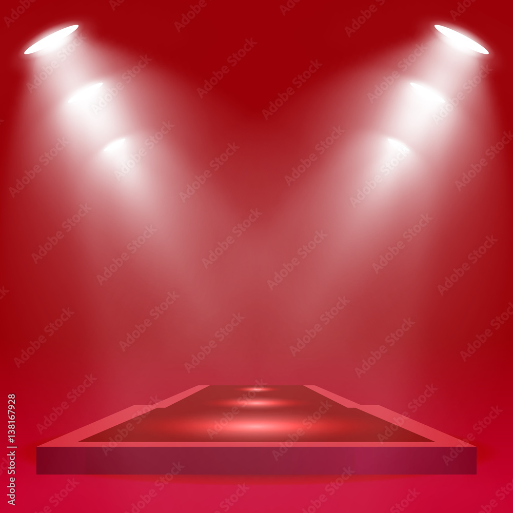 Square podium, pedestal or platform with red carpet, illuminated by ...