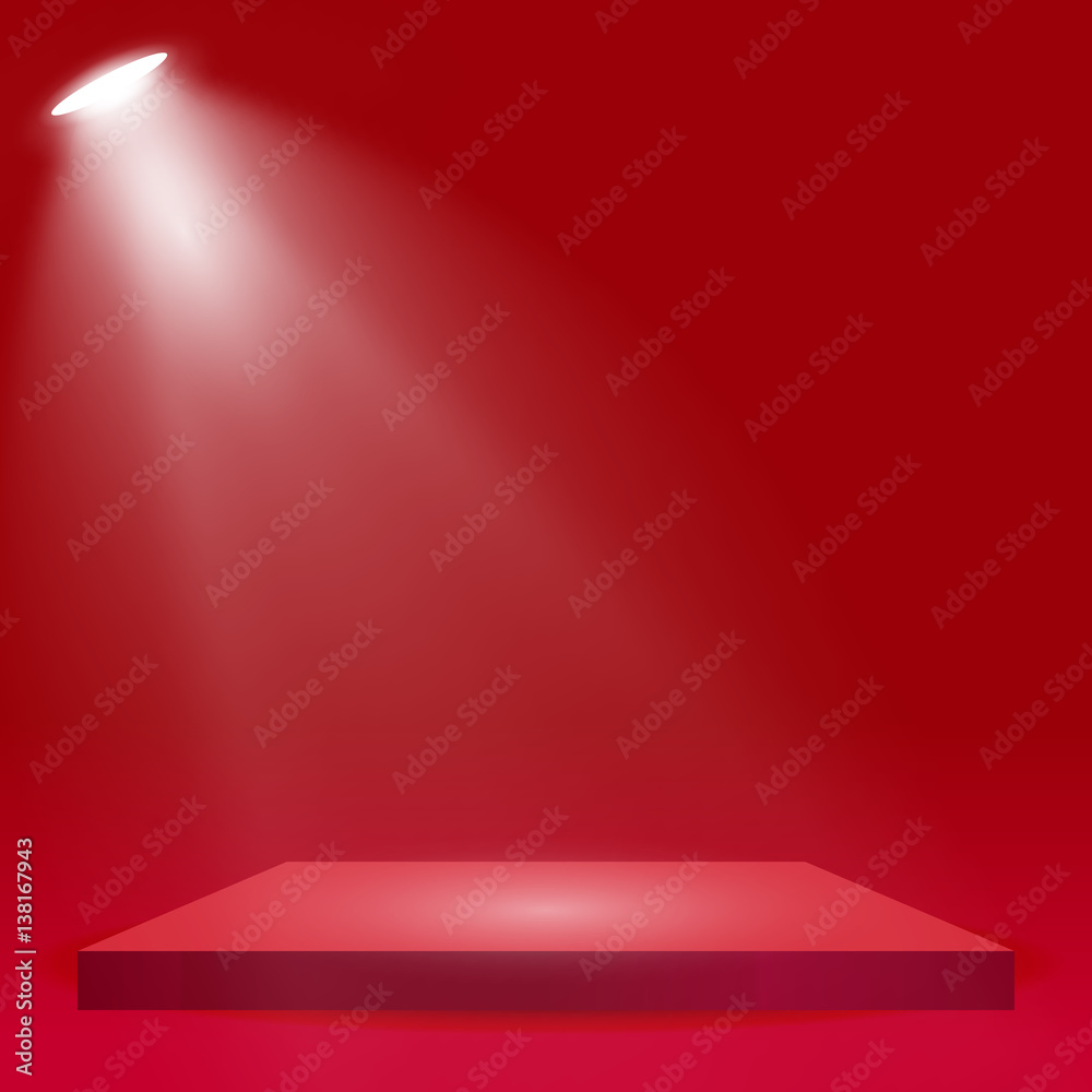 Square podium, pedestal or platform illuminated by spotlights on red ...