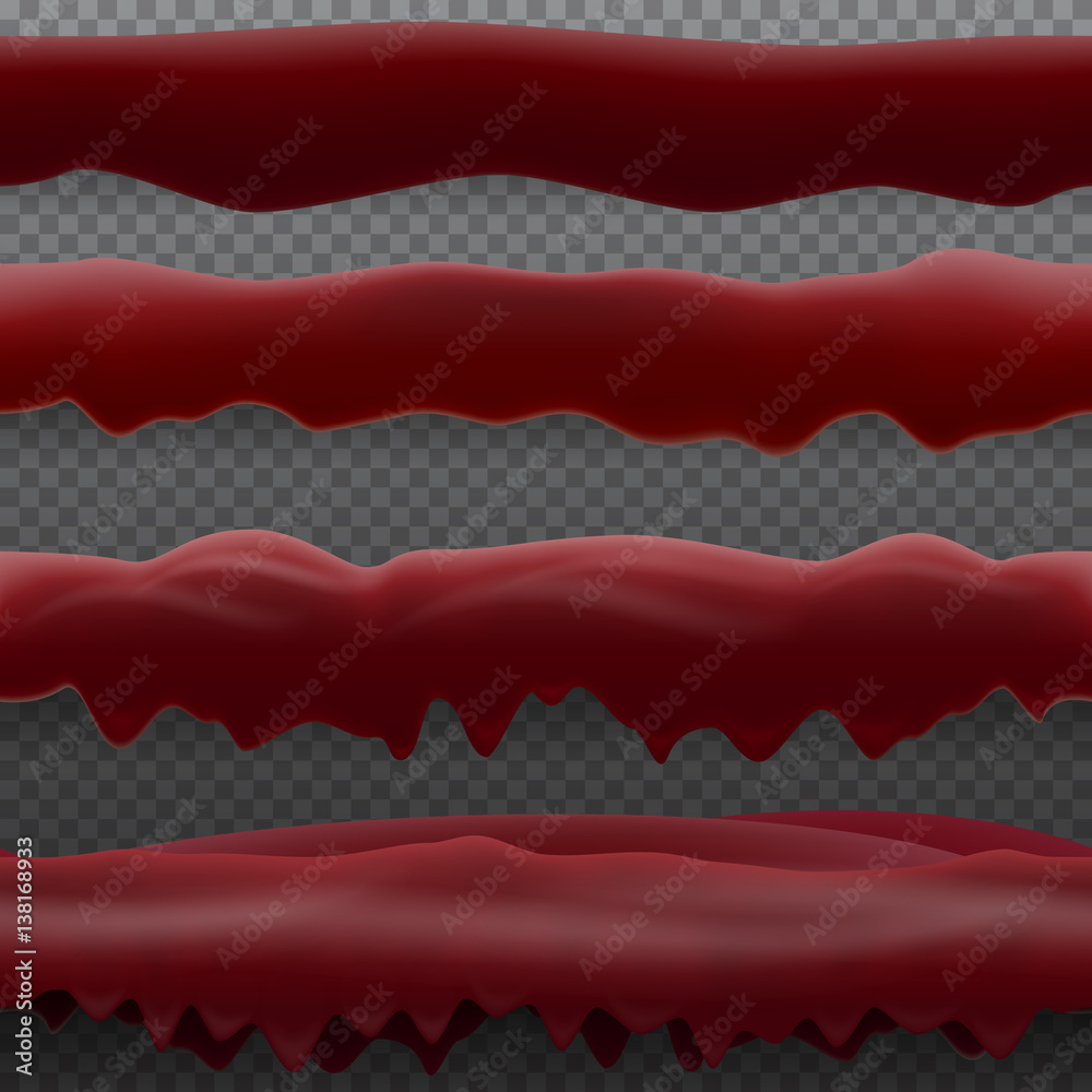 Set of realistic red blood drips on transparent background. Horizontal ...