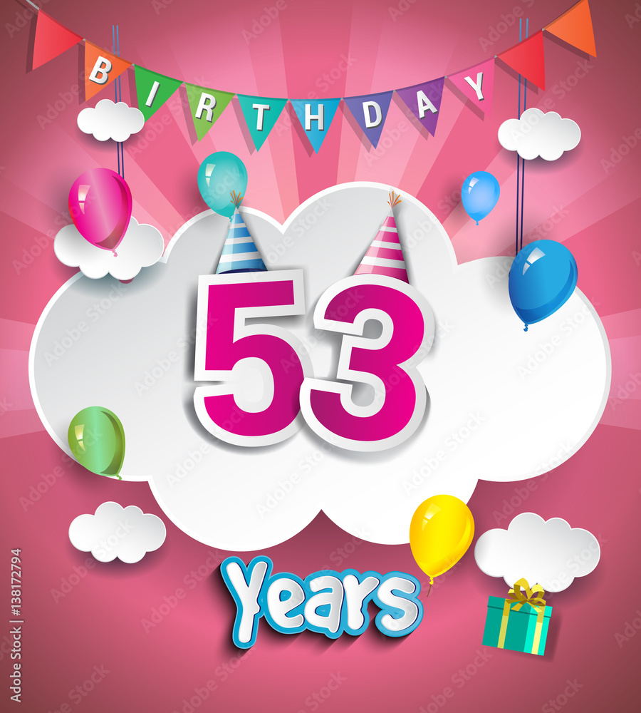 53 years birthday Celebration Design, with clouds and balloons ...