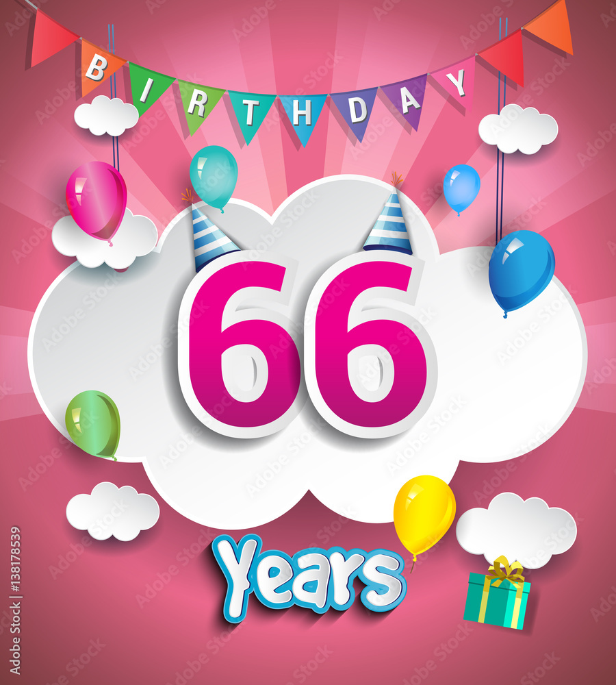 66 years birthday Celebration Design, with clouds and balloons ...