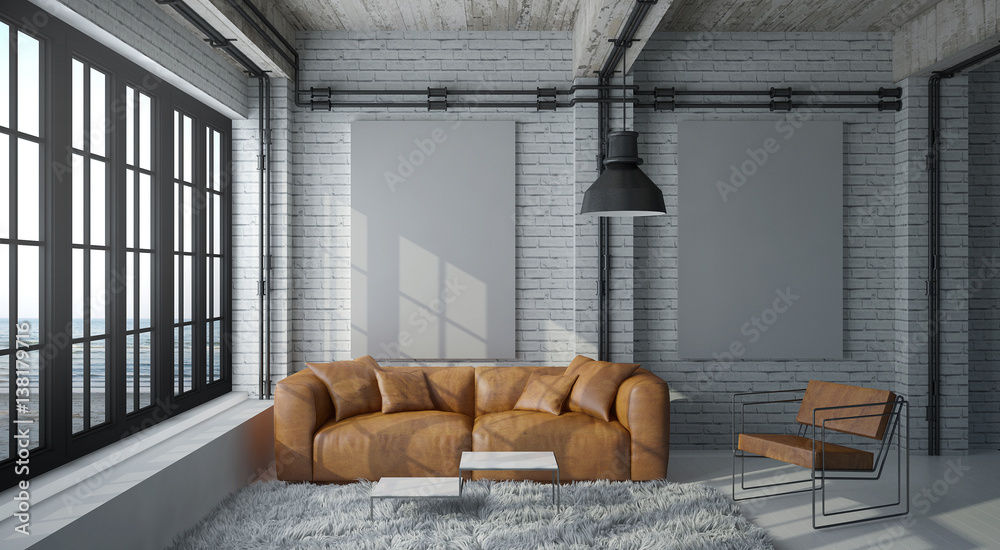cinematic modern living room with huge windows and loft concept ...