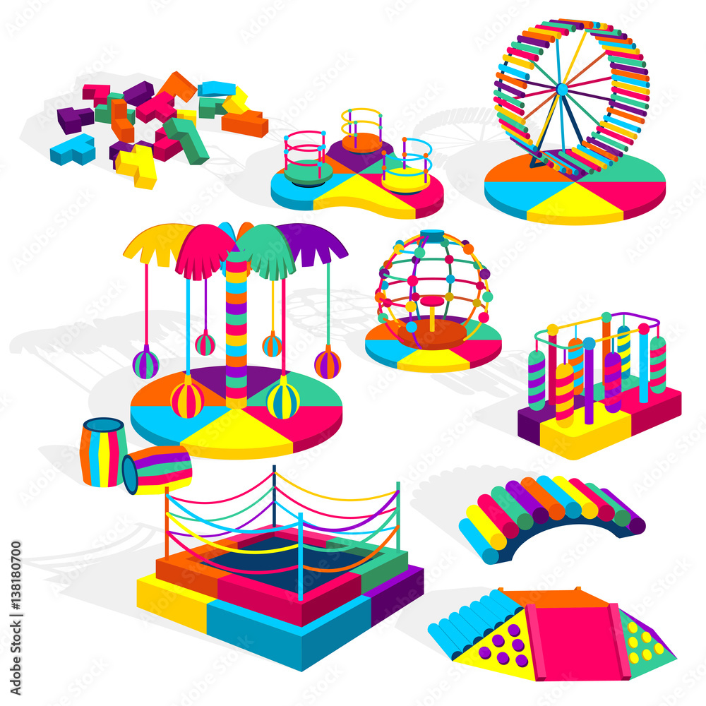 Vetor de Play equipment. Set. Playground. Carousel, sphere, swing ...