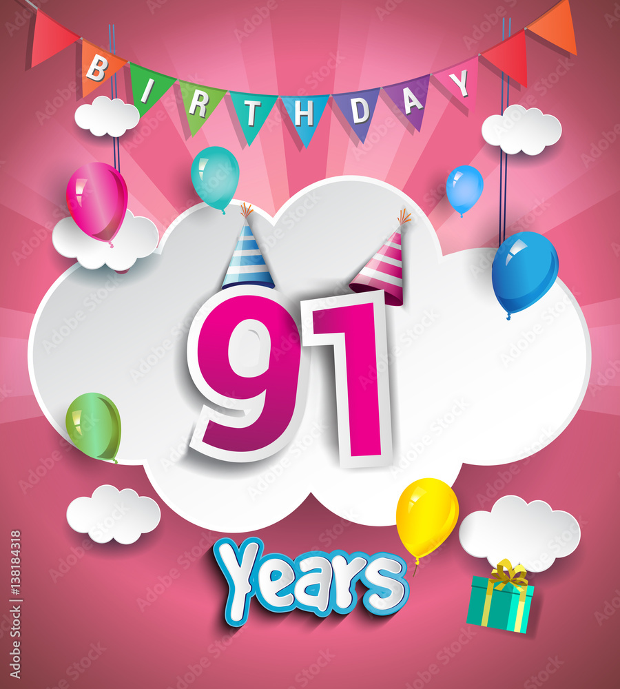 91 years birthday Celebration Design, with clouds and balloons ...