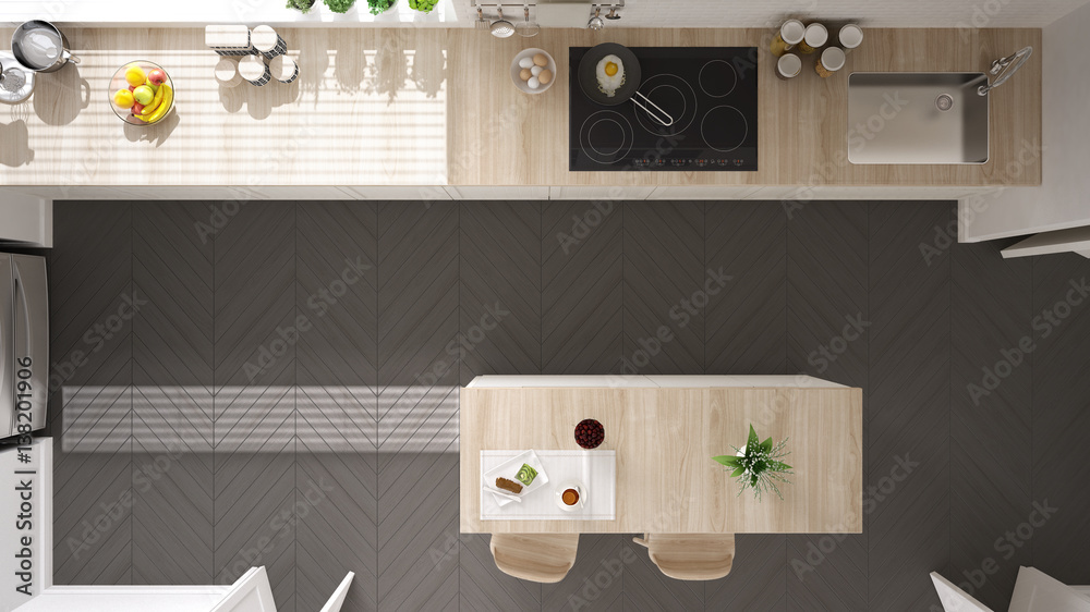 Scandinavian classic kitchen with wooden and white details, top view ...