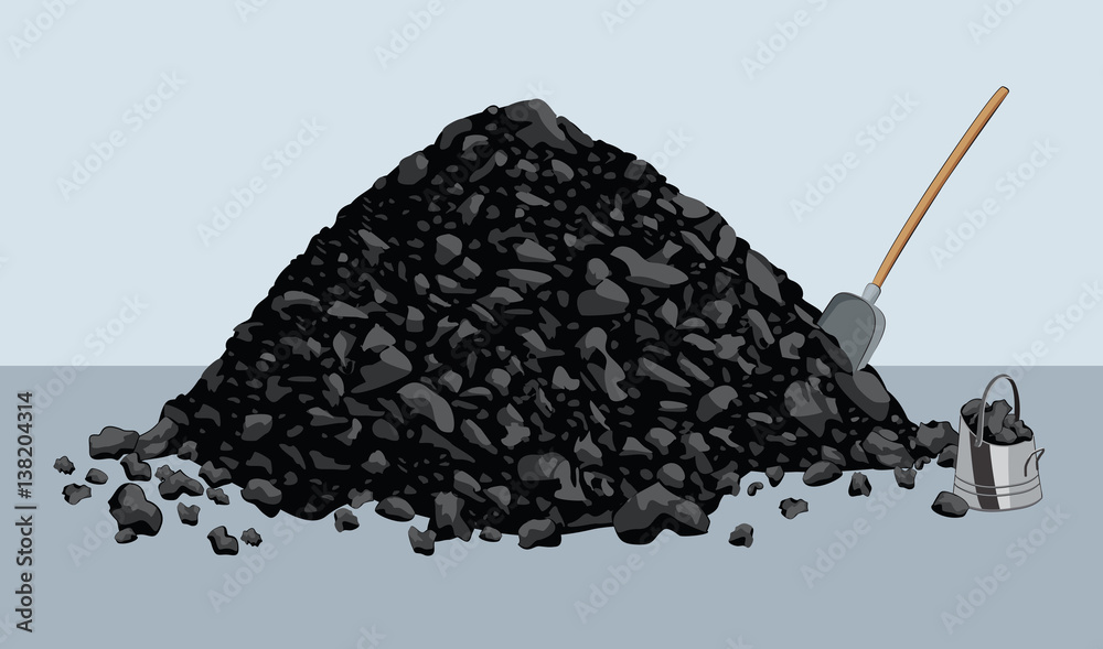 Pile of coal with shovel and bucket Stock Vector | Adobe Stock