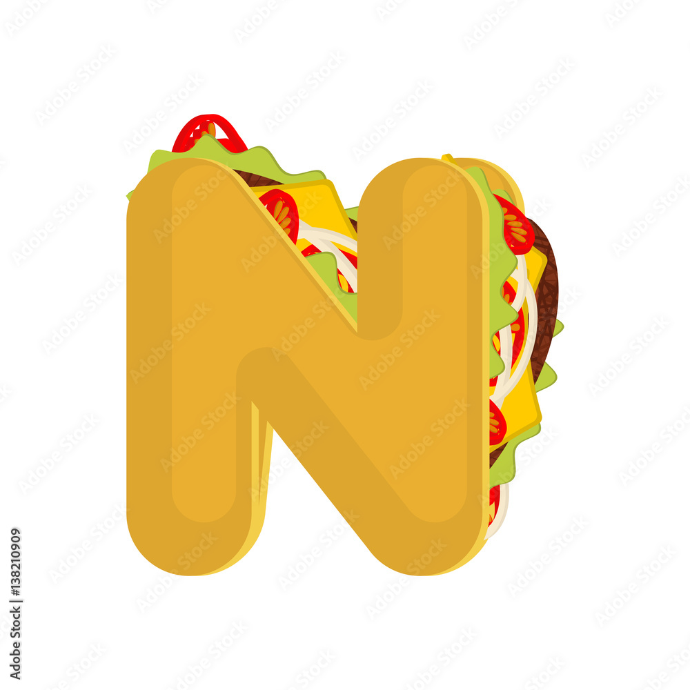 Letter N tacos. Mexican fast food font. Taco alphabet symbol. Mexico ...