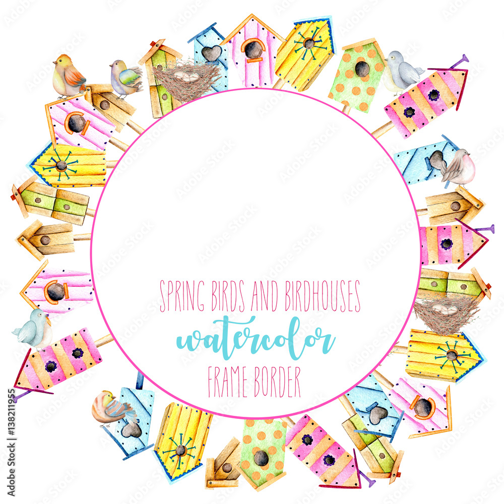 Card template, circle frame border with watercolor colorful birdhouses ...