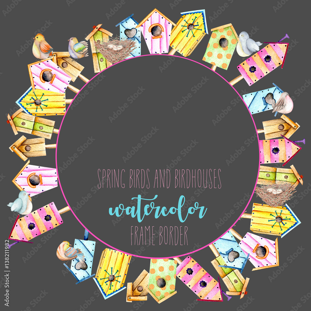 Card template, circle frame border with watercolor colorful birdhouses ...