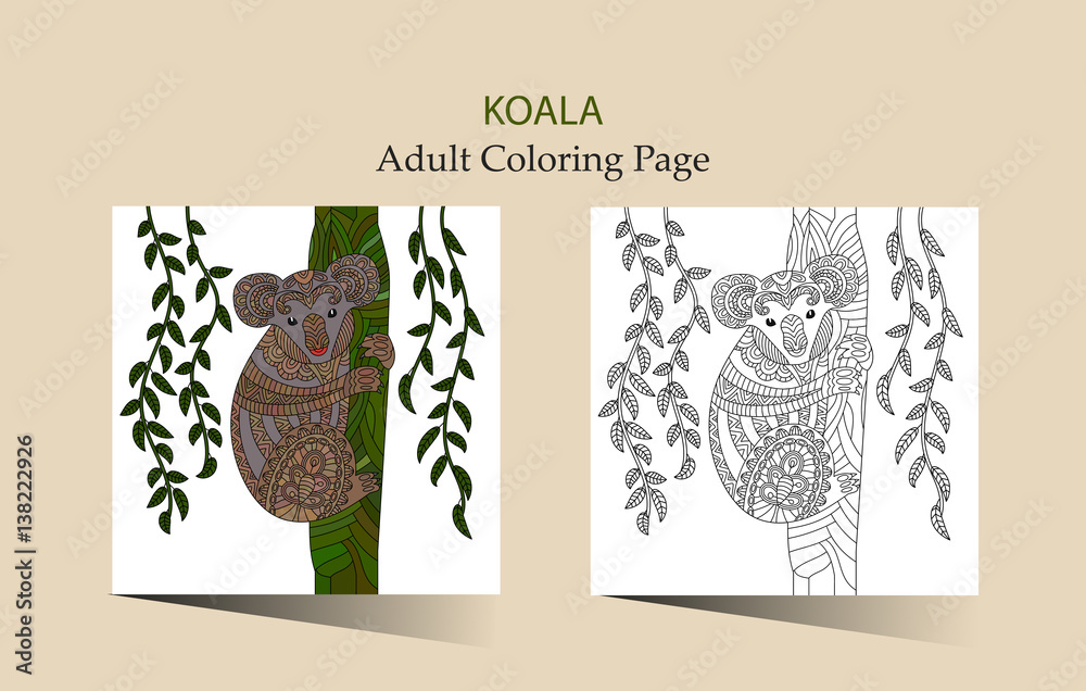 Hand drawn vector zentangle coloring page for adults with cute koala ...