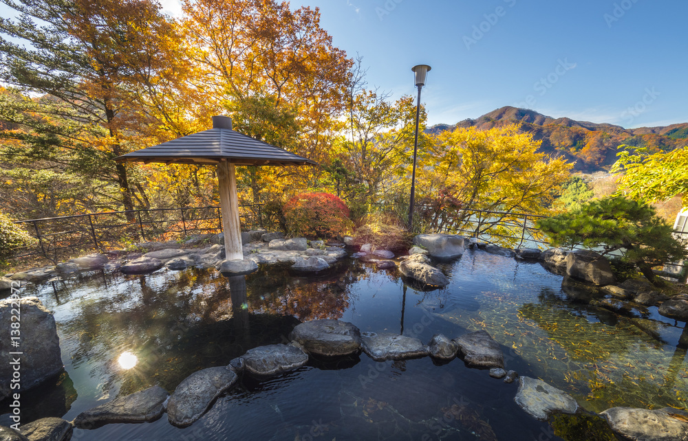 Open air bath hot spring during Autumn in Japan Stock Photo | Adobe Stock