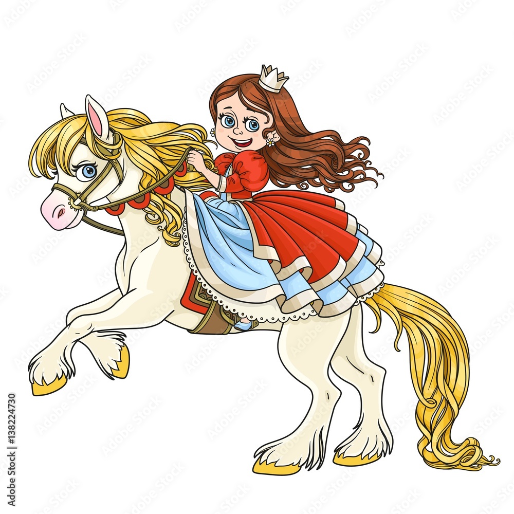 Cute princess riding on horse that bucks front hooves color isolated on ...