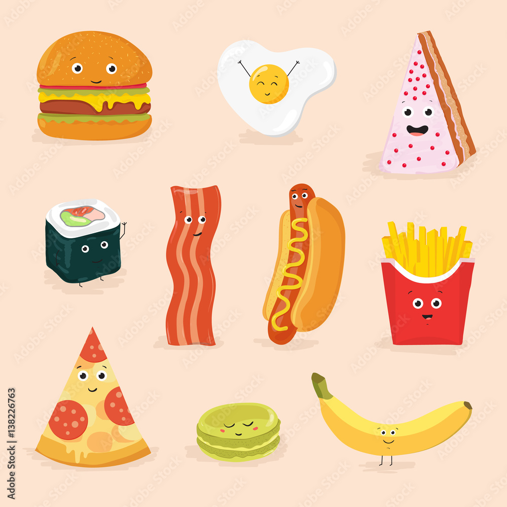funny food cartoon characters isolated vector illustration. face icon ...
