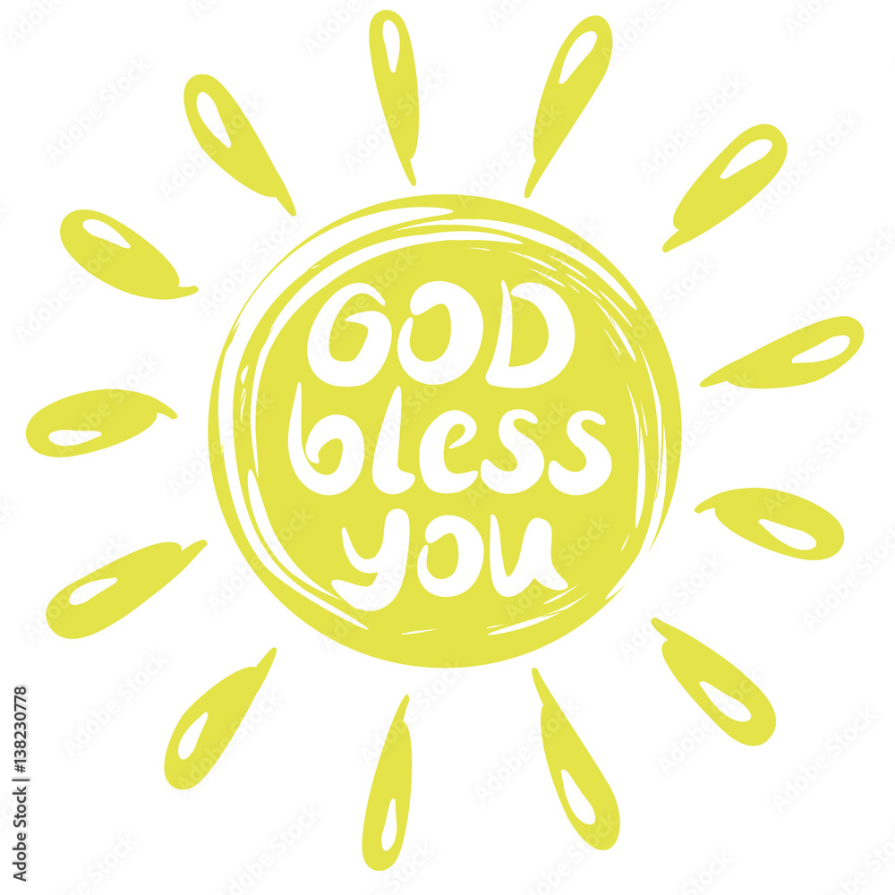 Hand lettering God Bless you with a yellow circle with rays. Stock ...