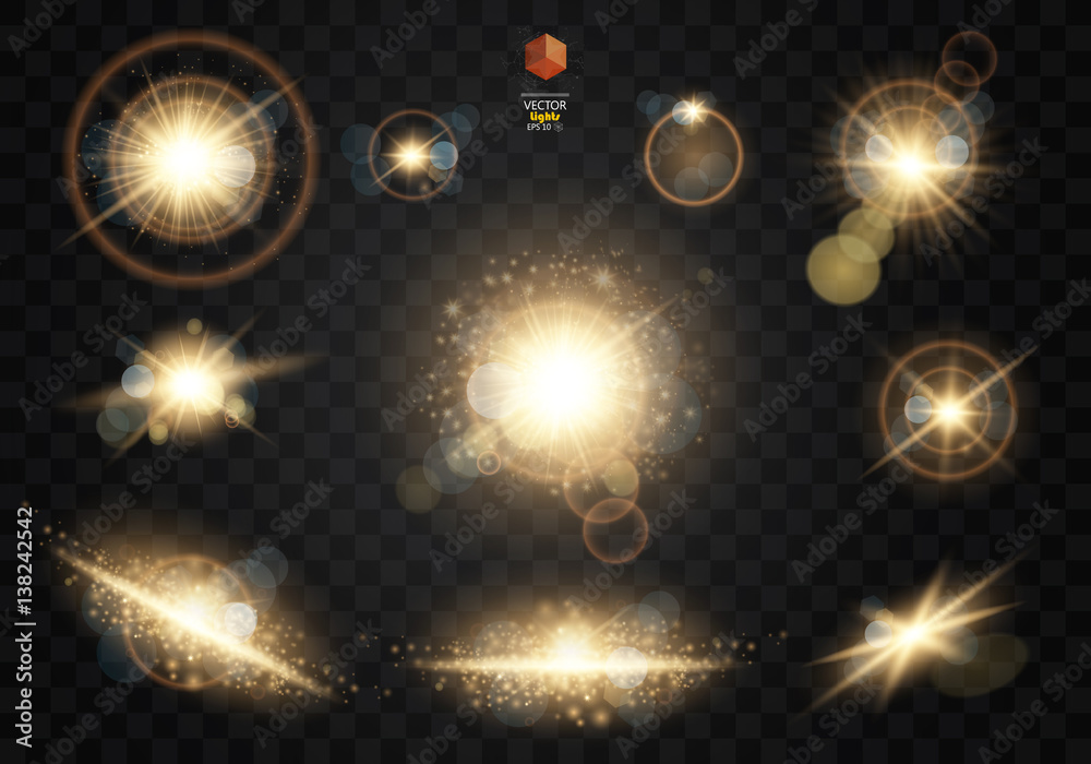 Set. Shining star, the sun particles and sparks with a highlight effect ...