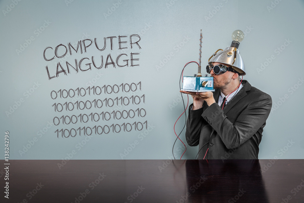 Computer language text with vintage businessman Stock Photo | Adobe Stock