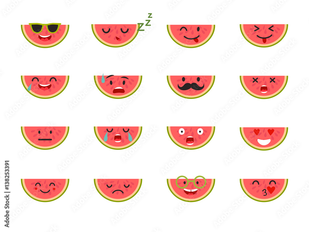 Watermelon with face. Emoticons fruit vector set. Cute emoji colorfull ...
