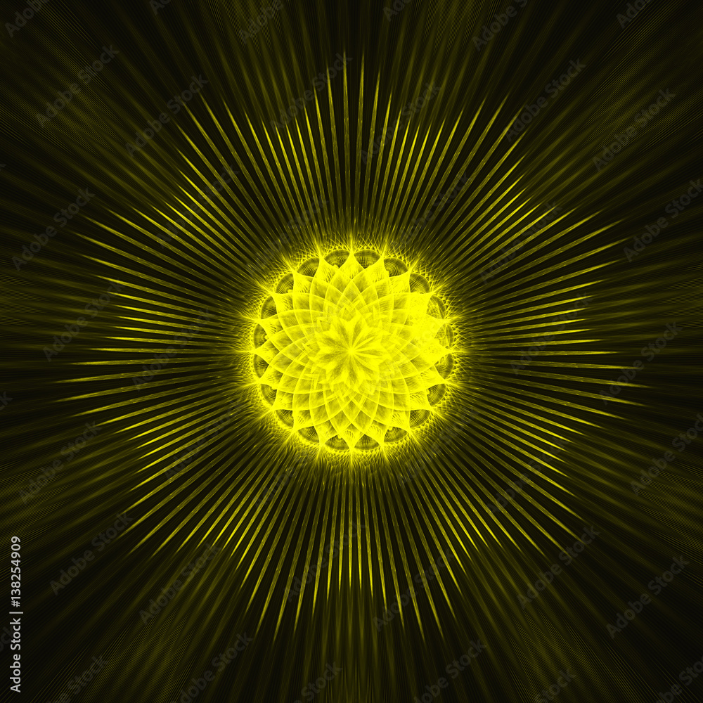 Sun rays. Nuclear flash. 3D surreal illustration. Sacred geometry ...