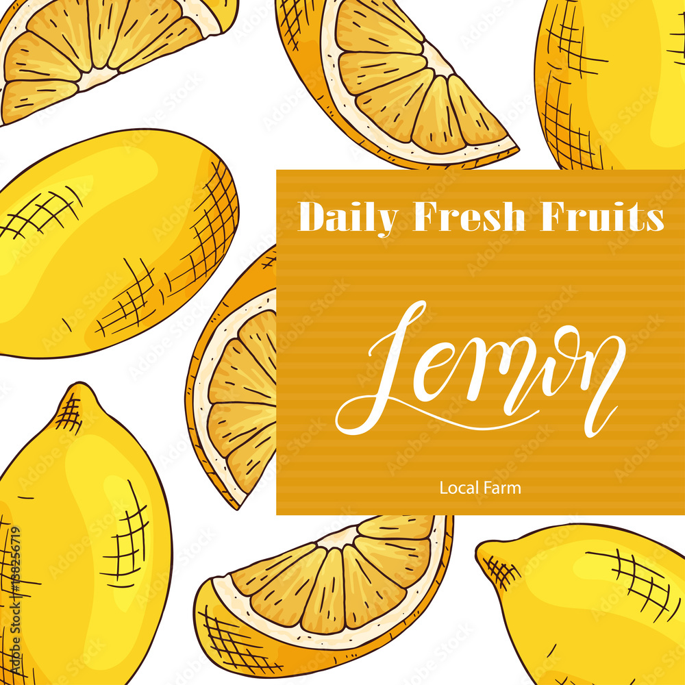Food design with fruit. Hand drawn sketch of lemon. Organic fresh ...