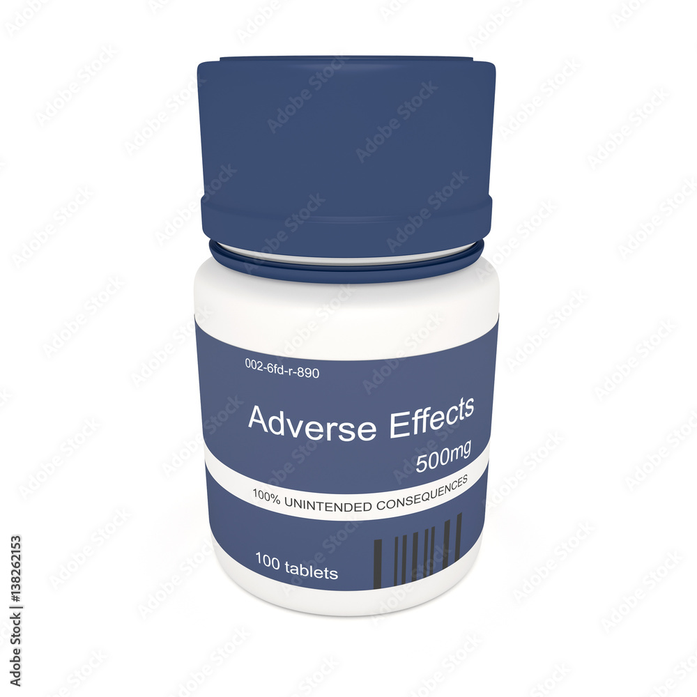 Medicine Concept: Blue Pill Bottle Adverse Effects, 3d illustration on ...