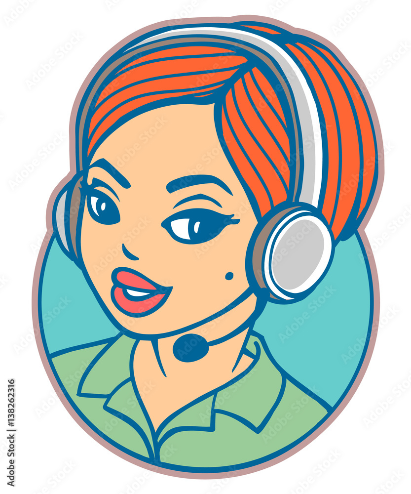 Young woman with headset. Vector cartoon style icon of smiling ...